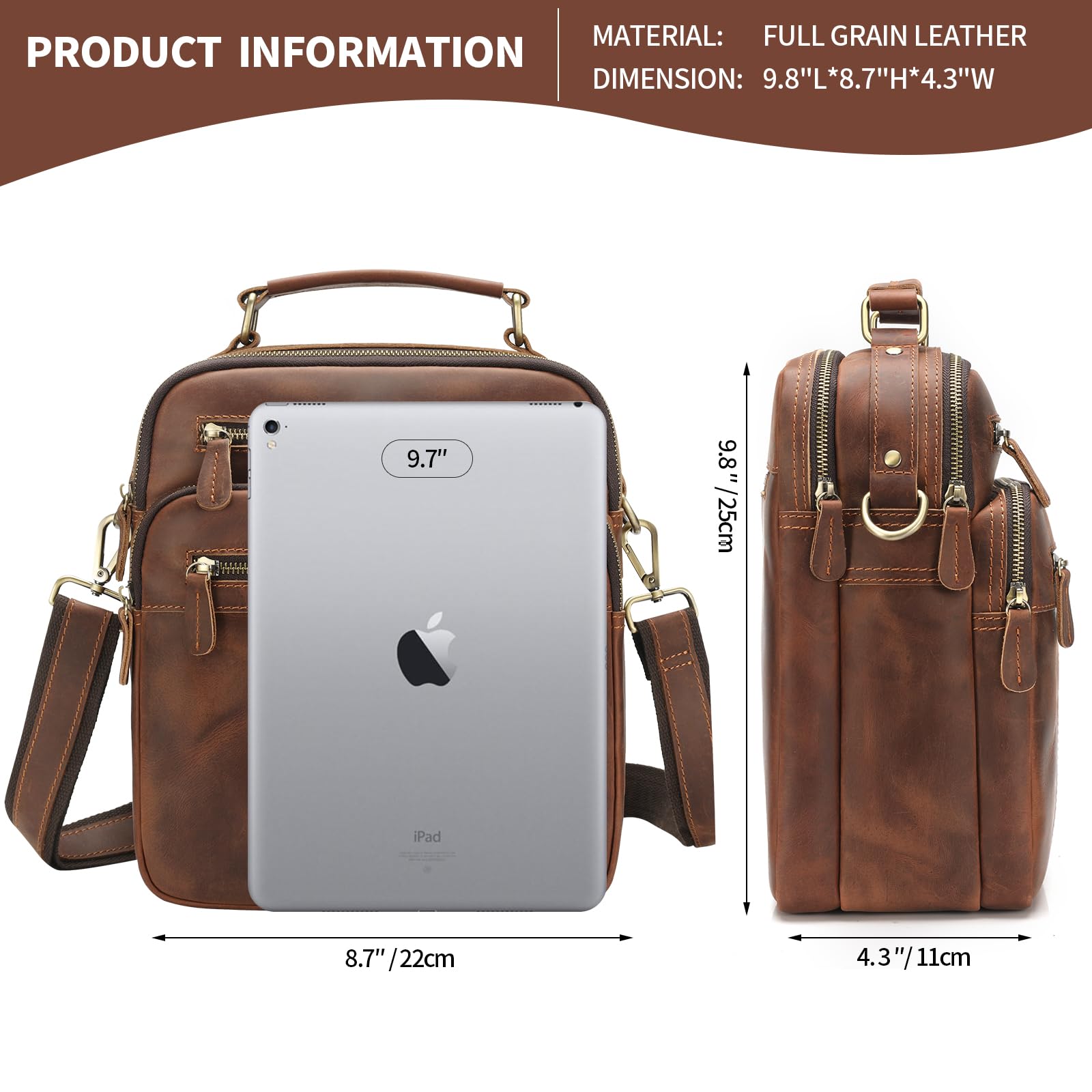 Jack&Chris Leather Man Purse Shoulder Bag,Small Mens Crossbody Messenger Bags for Work,Men Satchel Handbag,Brown2