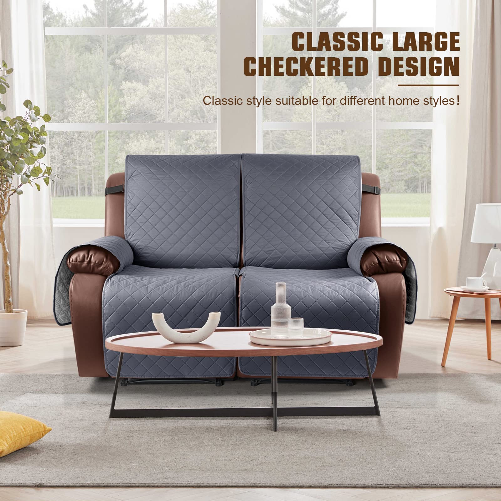 KinCam Waterproof Loveseat Recliner Cover, Reclining Loveseat Covers for 2 Seat, Recliner Sofa Cover Furniture Protector with Elastic Straps for Kids, Pets, Gray