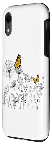 iPhone XR Retro Sketch of Botanical Wildflowers & Yellow Butterflies Case