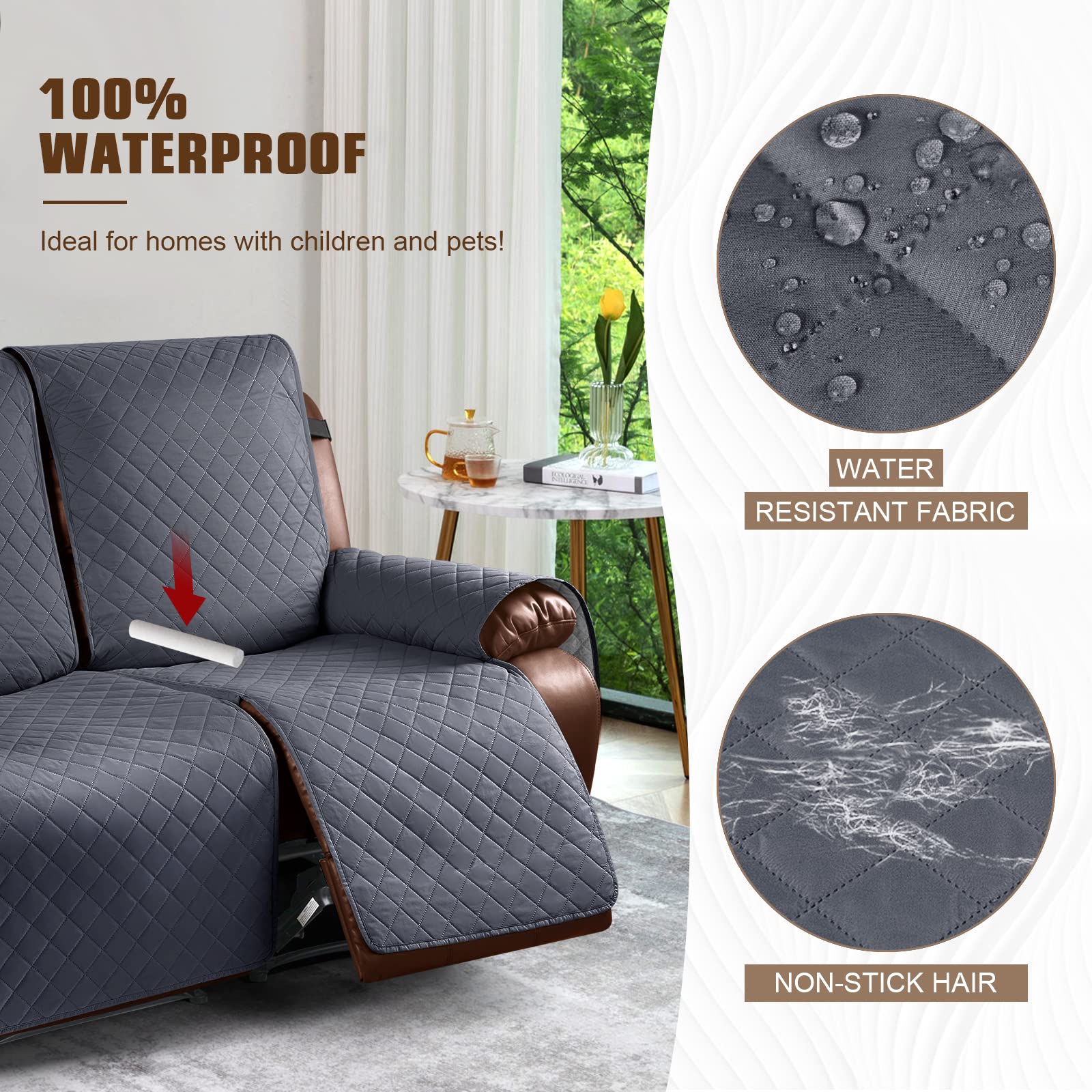 KinCam Waterproof Loveseat Recliner Cover, Reclining Loveseat Covers for 2 Seat, Recliner Sofa Cover Furniture Protector with Elastic Straps for Kids, Pets, Gray