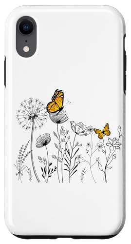 iPhone XR Retro Sketch of Botanical Wildflowers & Yellow Butterflies Case
