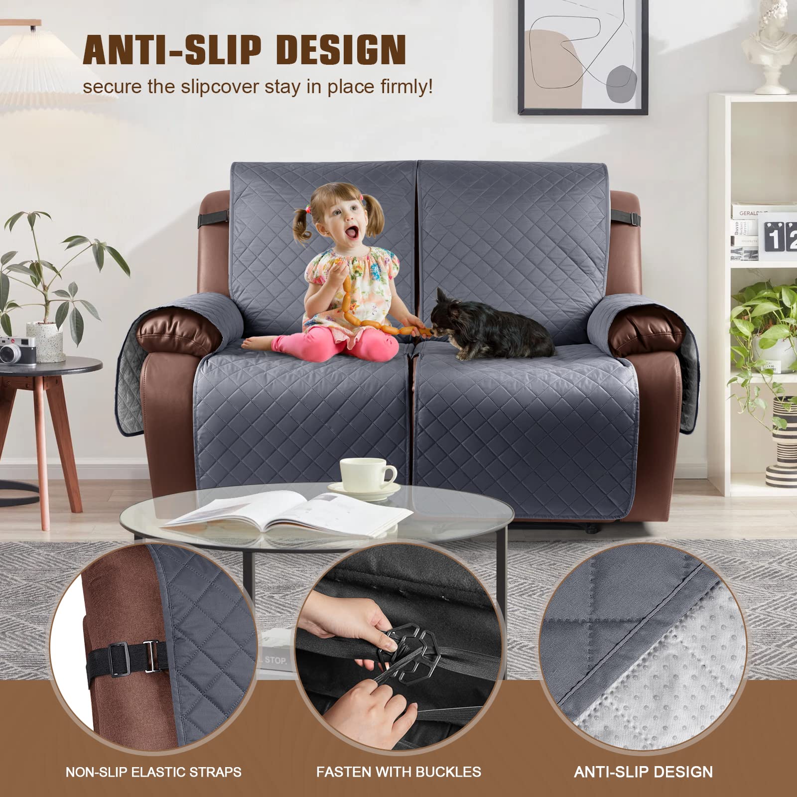 KinCam Waterproof Loveseat Recliner Cover, Reclining Loveseat Covers for 2 Seat, Recliner Sofa Cover Furniture Protector with Elastic Straps for Kids, Pets, Gray