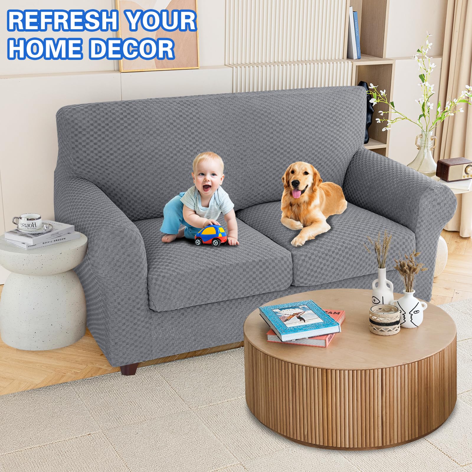 MAXIJIN 3 Piece Jacquard Couch Covers for 2 Cushion Couch Stretch Non Slip Love Seat Couch Cover for Dogs Pet Friendly Elastic Furniture Protector Loveseat Slipcovers (Loveseat, Light Gray)