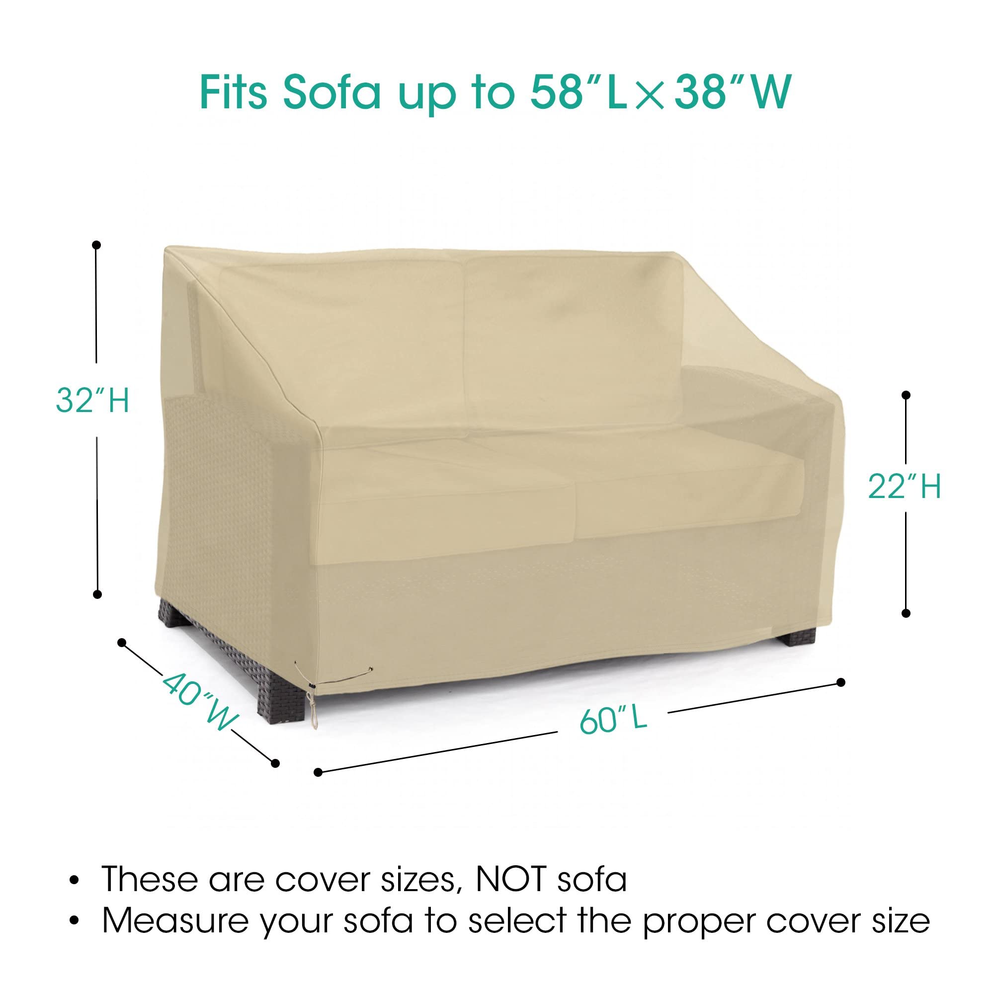 SunPatio Waterproof Patio Sofa Covers, Heavy Duty Outdoor Furniture Covers, Deep Seated Loveseat Covers with Air Vent/Closure Straps/Drawstrings, All Weather Protection, 60" L x 40" W x 32" H, Beige