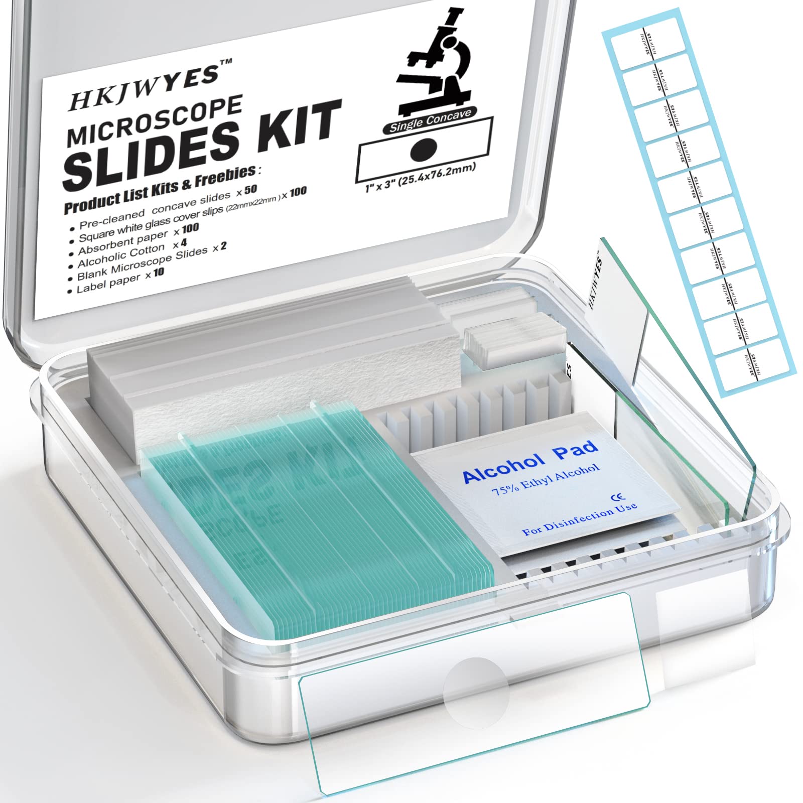 HKJWYES Depression Concave Microscope Slides Kit, 50 Pcs Pre-Cleaned Microscope Slides and 100 Pcs Square Coverslips Cover Glass for Monocular Binocular Trinocular Microscopes (Single Concave Slides)
