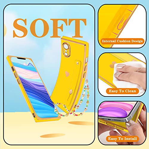 Petitian for iPhone XR Case Stand/String, Luxury Cute Women Girls Heart Electroplated Designer Phone Cases for XR, Yellow