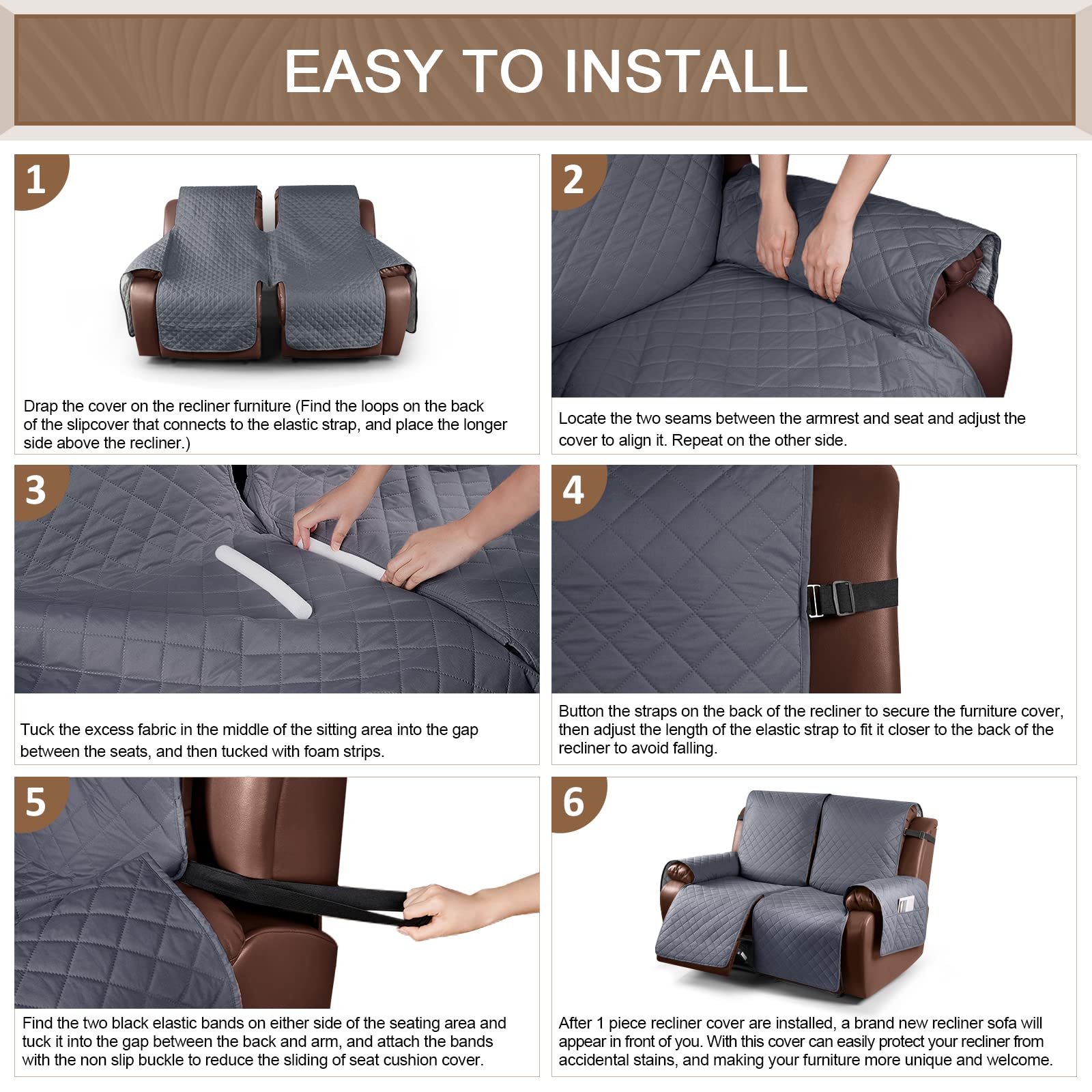 KinCam Waterproof Loveseat Recliner Cover, Reclining Loveseat Covers for 2 Seat, Recliner Sofa Cover Furniture Protector with Elastic Straps for Kids, Pets, Gray