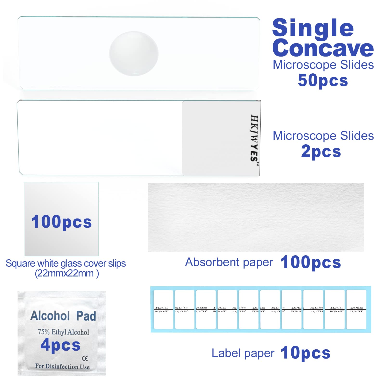 HKJWYES Depression Concave Microscope Slides Kit, 50 Pcs Pre-Cleaned Microscope Slides and 100 Pcs Square Coverslips Cover Glass for Monocular Binocular Trinocular Microscopes (Single Concave Slides)