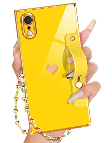 Petitian for iPhone XR Case Stand/String, Luxury Cute Women Girls Heart Electroplated Designer Phone Cases for XR, Yellow