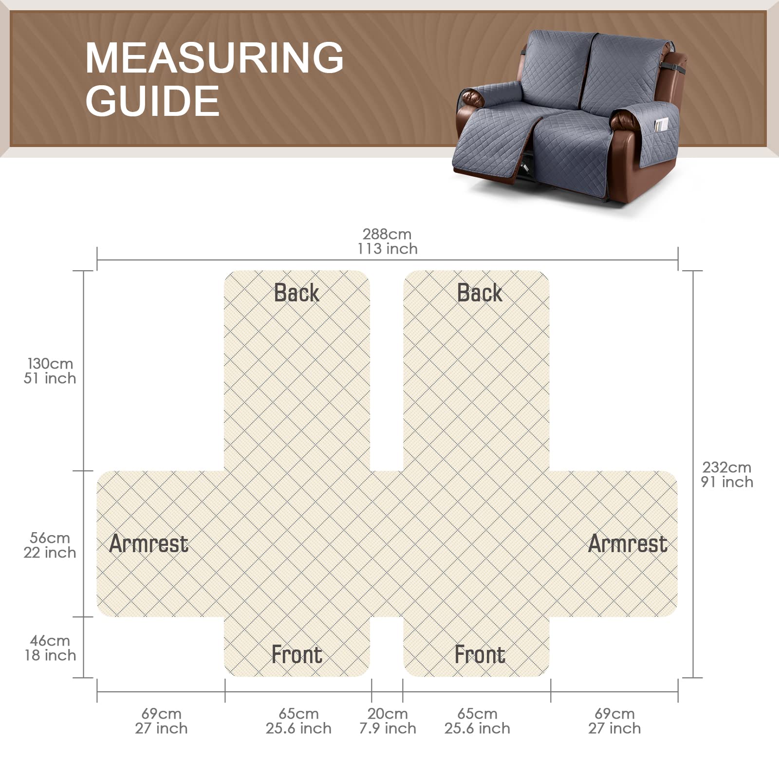 KinCam Waterproof Loveseat Recliner Cover, Reclining Loveseat Covers for 2 Seat, Recliner Sofa Cover Furniture Protector with Elastic Straps for Kids, Pets, Gray