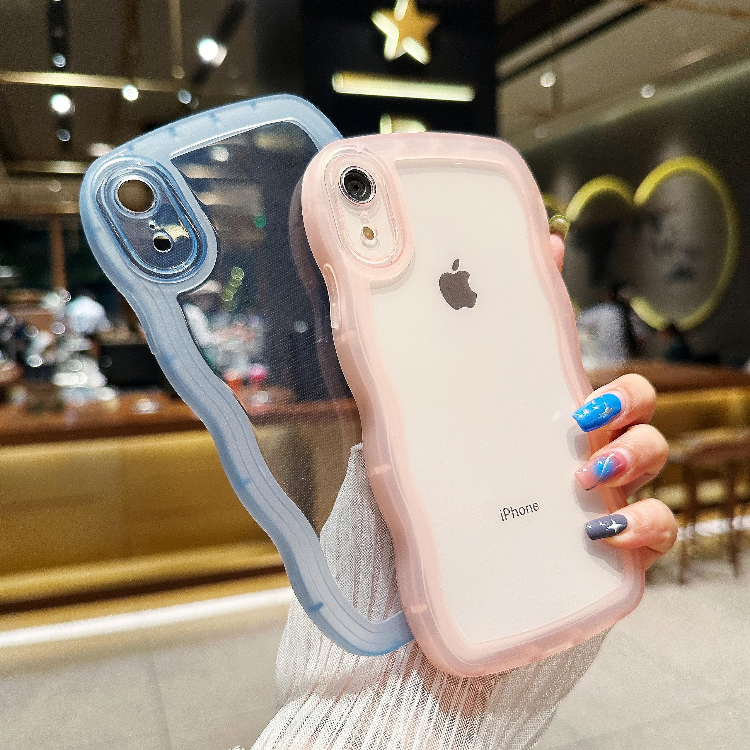 XIQI Compatible with iPhone XR Case 6.1", Cute Kawaii Curly Wave Frame Shape Soft Silicone Shockproof Protective Phone Cover for Women Girls, Clear/Yellow