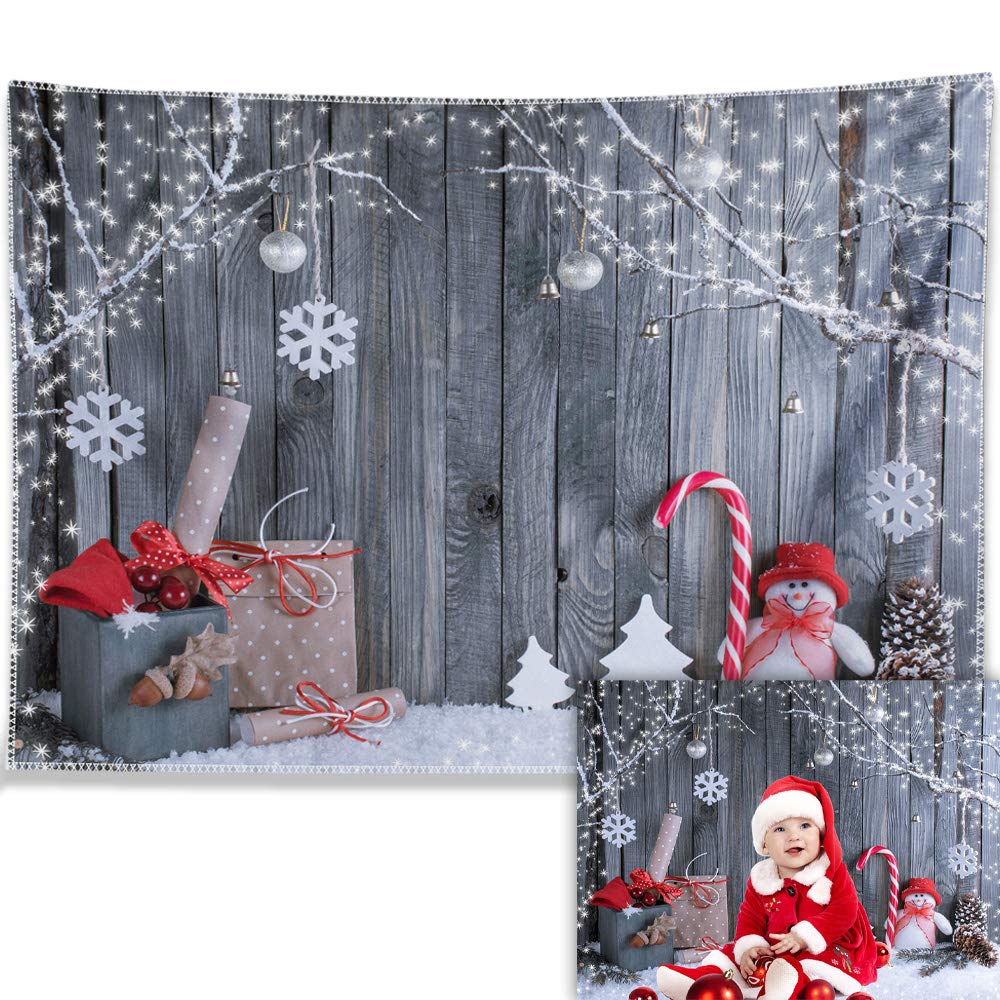 7x5ft Fabric Christmas Photography Backdrop Winter Snowman Santa Gift Wood Background Xmas Eve Holiday Party Supplies Cake Table Banner Home Decoration Portraits Photo Booth Studio Prop