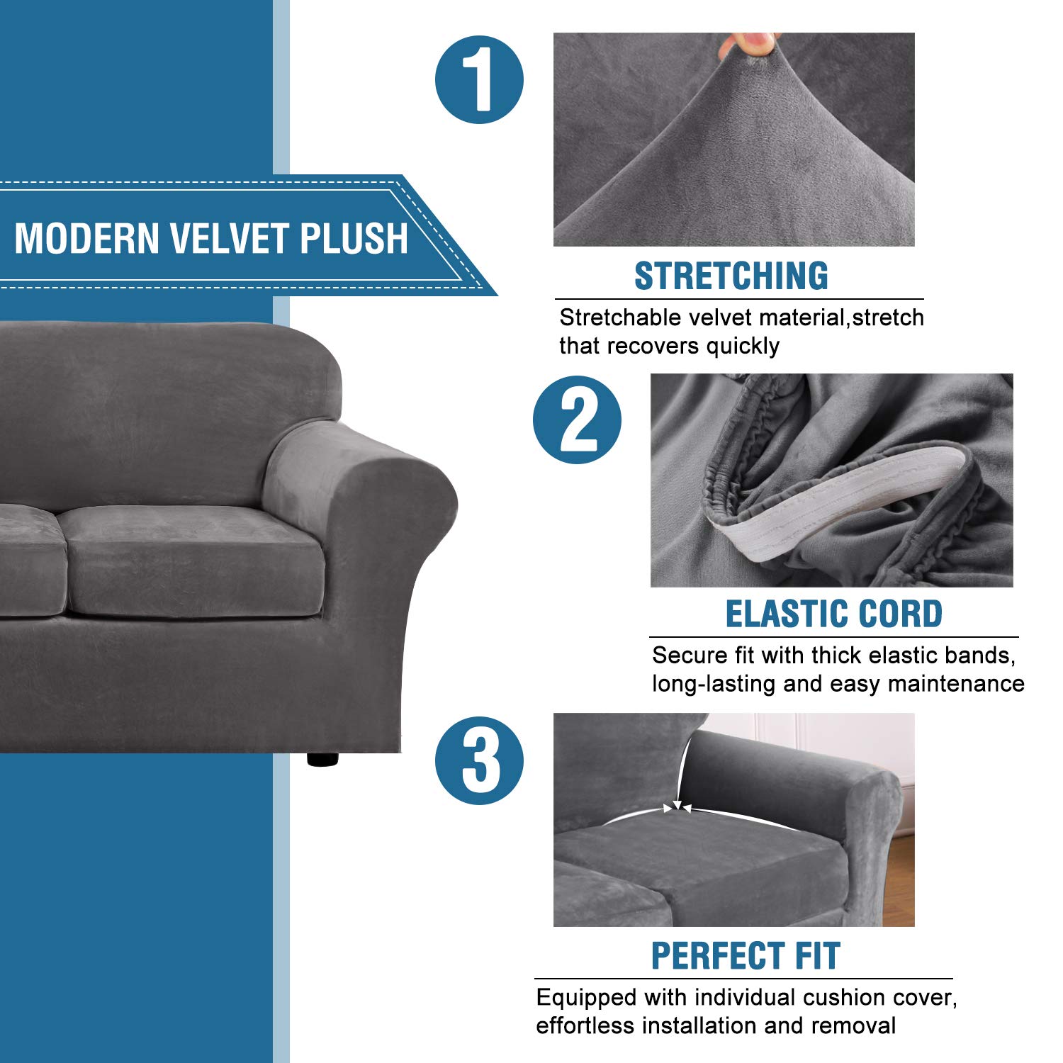 H.VERSAILTEX Real Velvet Plush 3 Piece Stretch Sofa Covers Couch Covers for 2 Cushion Couch Loveseat Covers Width Up to 72 Inch Feature Thick Soft Stay in Place (Medium Sofa, Grey)