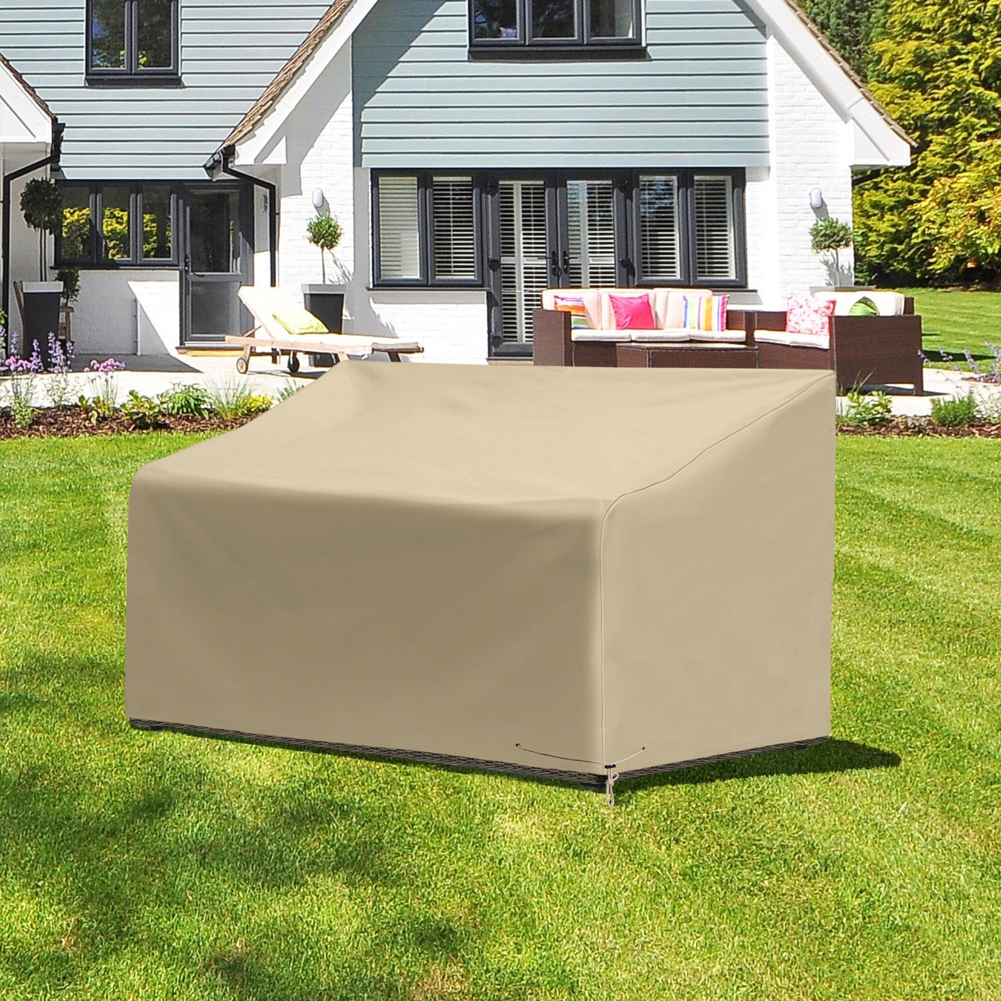 SunPatio Waterproof Patio Sofa Covers, Heavy Duty Outdoor Furniture Covers, Deep Seated Loveseat Covers with Air Vent/Closure Straps/Drawstrings, All Weather Protection, 60" L x 40" W x 32" H, Beige