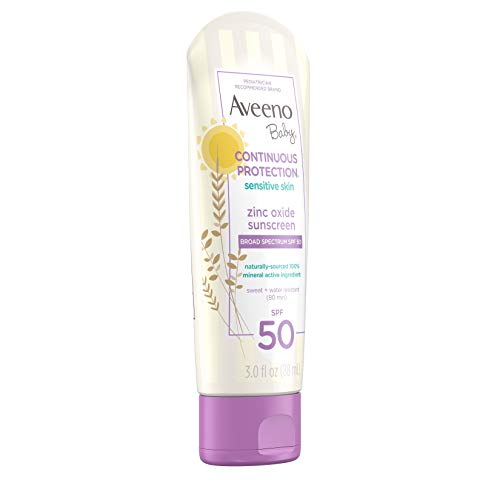 Aveeno Baby Continuous Protection Zinc Oxide Mineral Sunscreen Lotion for Sensitive Skin with Broad Spectrum SPF 50, Tear-Free, Sweat- & Water-Resistant, Travel-Size, 3 fl. Oz