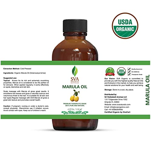 SVA ORGANICS Marula Oil Organic USDA 4 Oz Pure Natural Cold Pressed Carrier Unrefined Luxury Oil for Face, Body, Lips, Hair, Nails, Shampoo, Conditioner, Lotion, Face Serum