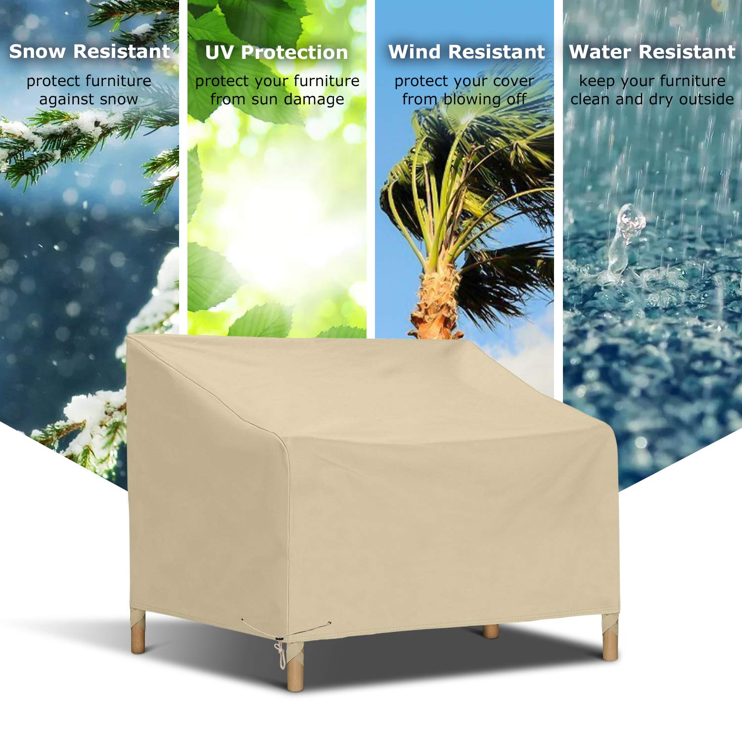 SunPatio Waterproof Patio Sofa Covers, Heavy Duty Outdoor Furniture Covers, Deep Seated Loveseat Covers with Air Vent/Closure Straps/Drawstrings, All Weather Protection, 60" L x 40" W x 32" H, Beige