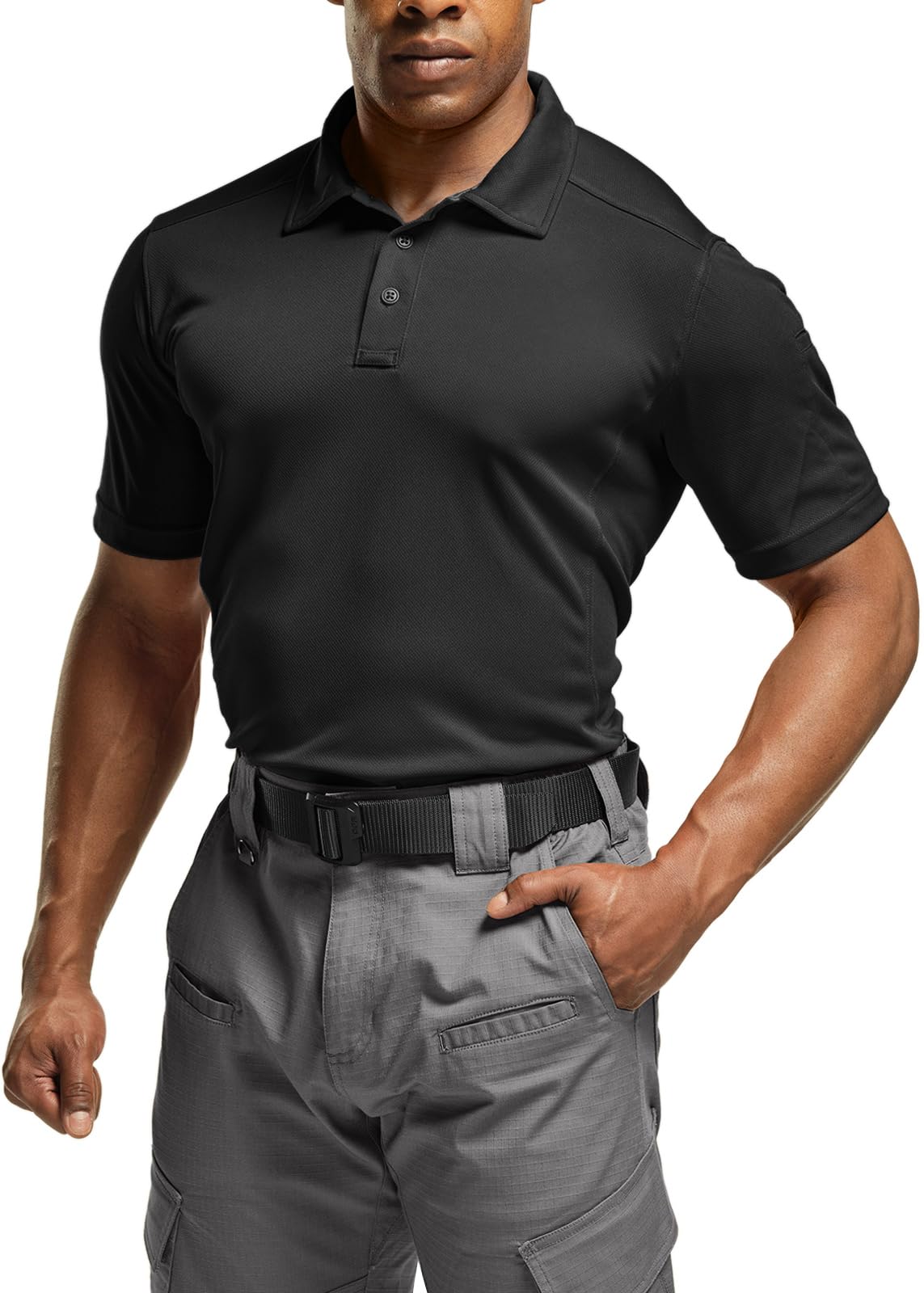 CQR Men's Polo Shirts, Tactical Short Sleeve Golf Performance Shirts, Lightweight Dry Fit UPF 50+ Pique, Frost Essential Black, Medium