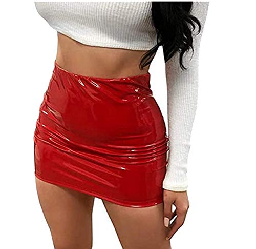 Women Bright Sexy Skirt Pu Faux Leather Bodycon Slim Mini Skirt Evening Party Club Wear Pencil Skirt (Red, S)