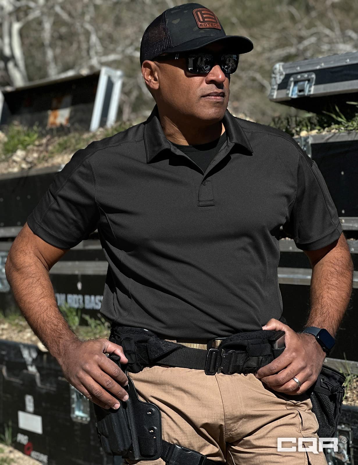 CQR Men's Polo Shirts, Tactical Short Sleeve Golf Performance Shirts, Lightweight Dry Fit UPF 50+ Pique, Frost Essential Black, Medium