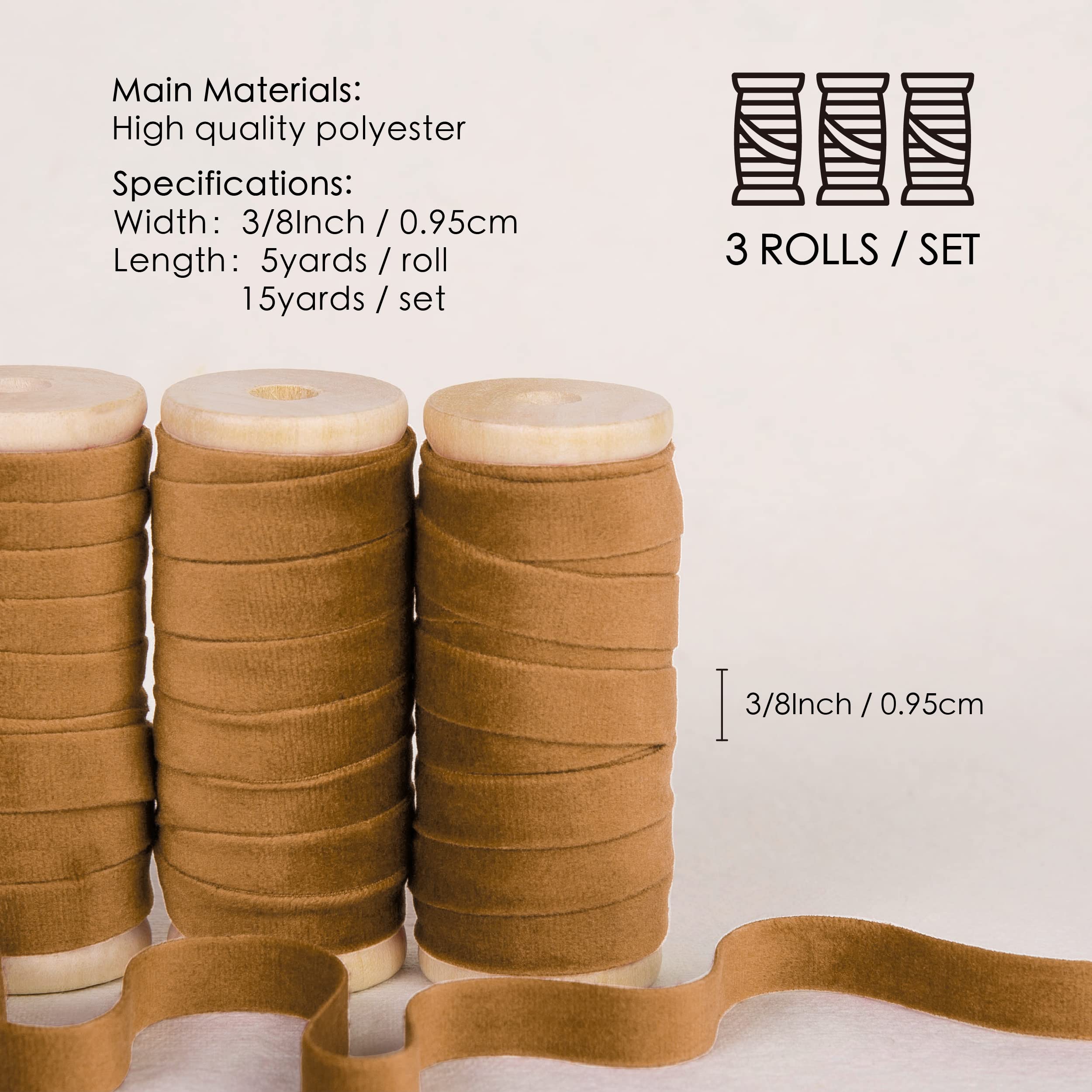 Vitalizart Khaki Velvet Ribbon Set 3/8"" x 15 Yd Fall Ribbon Fabric Trim 3 Rolls * 5 Yd for Christmas Wreath Decoration Handmade Craft Ornaments Gift Wrapping & Bow Making (Brown)