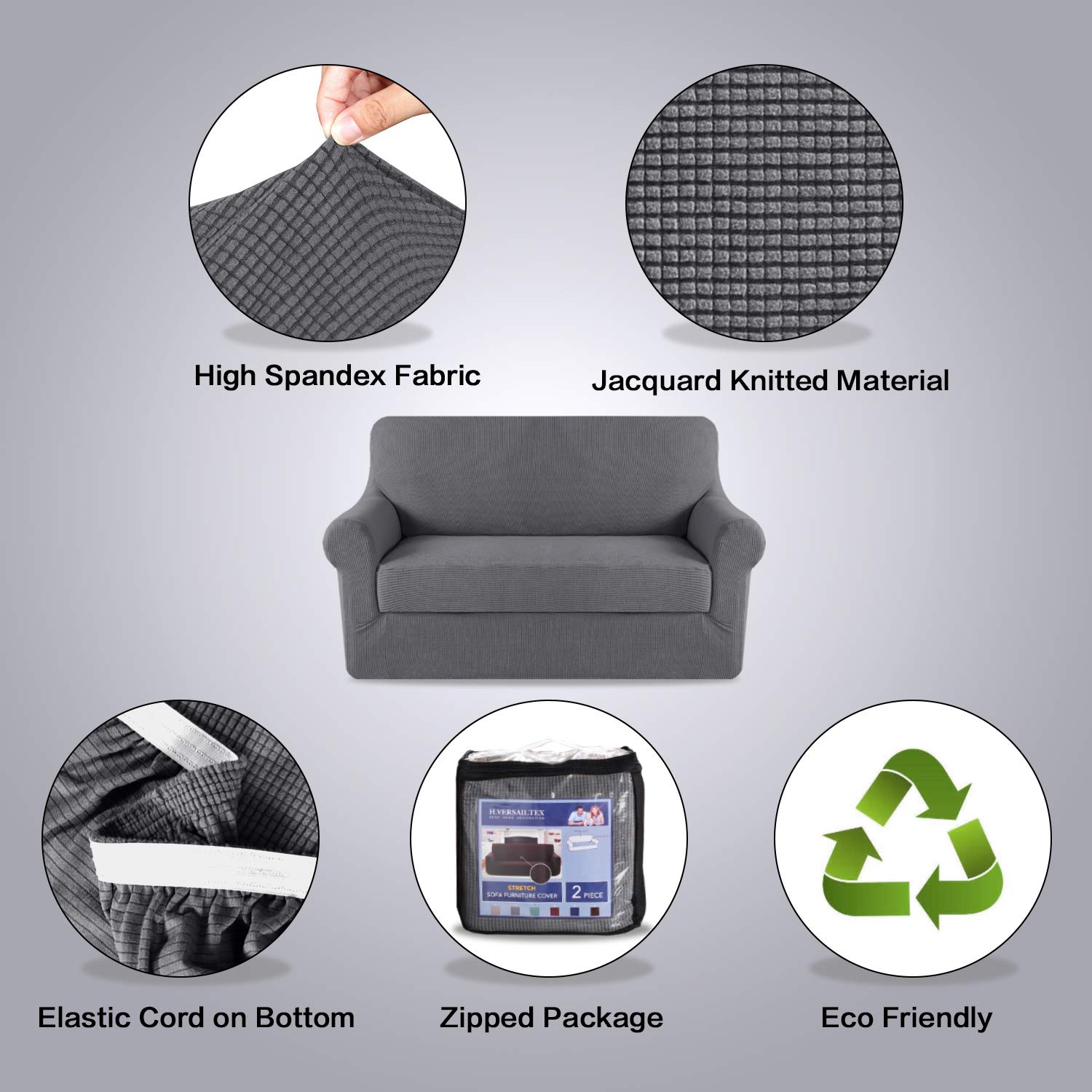 H.VERSAILTEX High Stretch Rich Jacquard 2-Piece Loveseat Slipcover/Furniture Covers for Loveseat with Elastic Bottom, Suit for T Cushion/Box Cushion Spandex Jacquard Fabric, Charcoal Gray