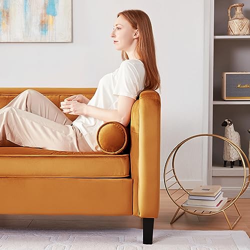 WILLOVE 58" Mid-Century Modern Velvet Sofa, 2 Seater Couch with Comfy Deep Seats, Small Loveseat Couch for Living Room Furniture with Two Throw Pillows, Easy to Install (Ginger)