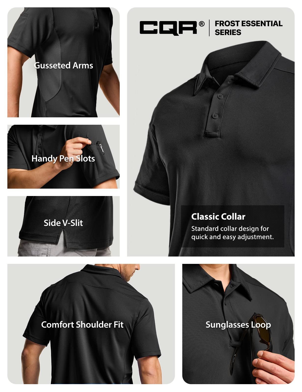 CQR Men's Polo Shirts, Tactical Short Sleeve Golf Performance Shirts, Lightweight Dry Fit UPF 50+ Pique, Frost Essential Black, Medium