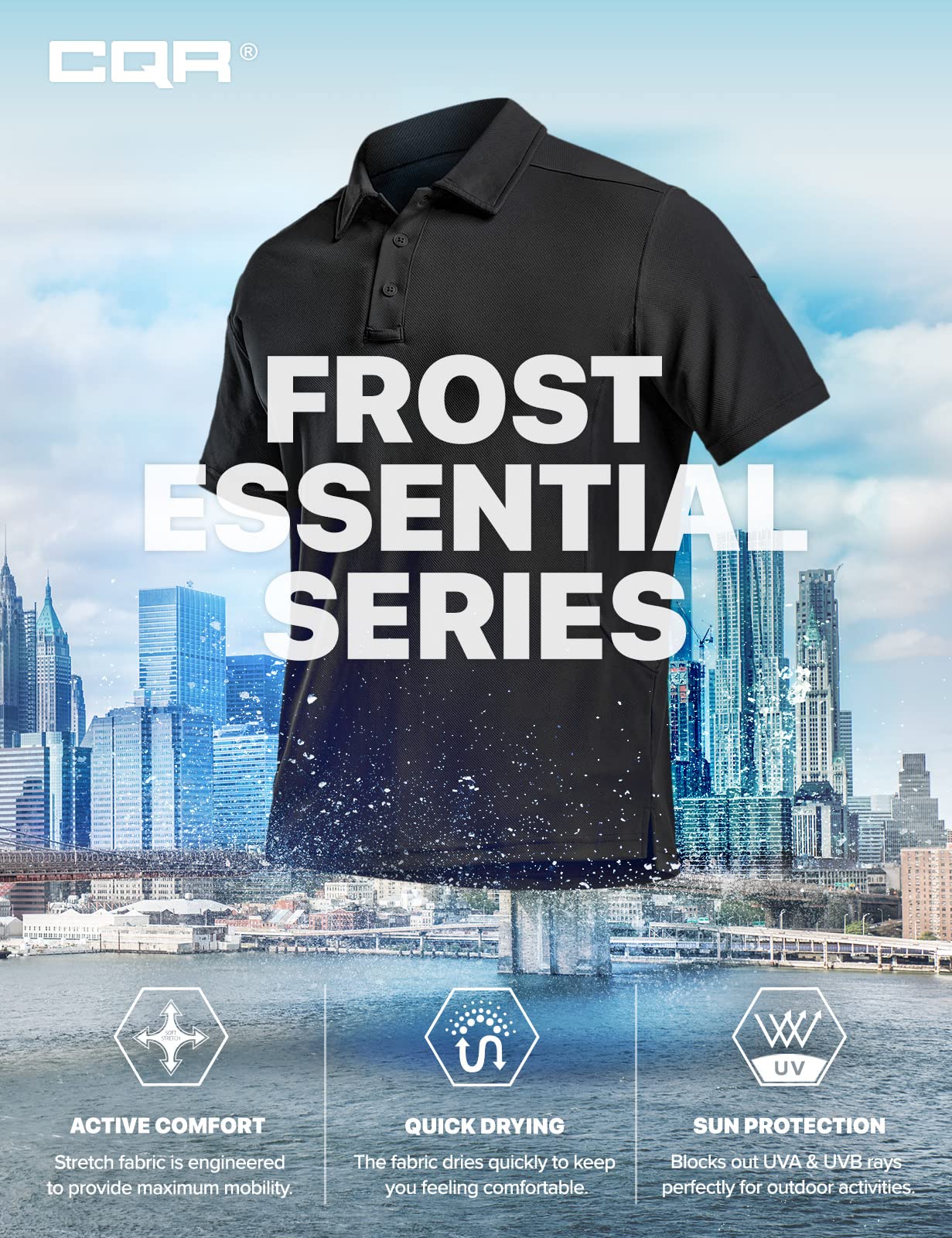 CQR Men's Polo Shirts, Tactical Short Sleeve Golf Performance Shirts, Lightweight Dry Fit UPF 50+ Pique, Frost Essential Black, Medium