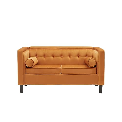 WILLOVE 58" Mid-Century Modern Velvet Sofa, 2 Seater Couch with Comfy Deep Seats, Small Loveseat Couch for Living Room Furniture with Two Throw Pillows, Easy to Install (Ginger)