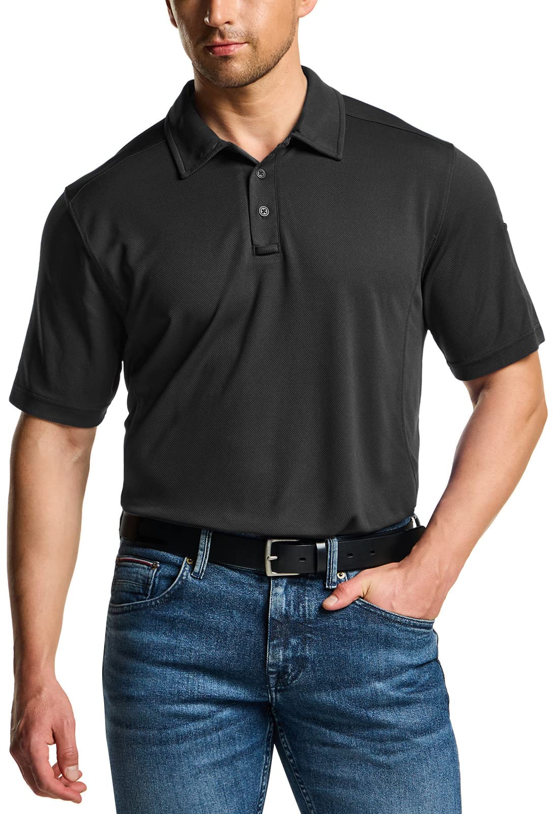 CQR Men's Polo Shirts, Tactical Short Sleeve Golf Performance Shirts, Lightweight Dry Fit UPF 50+ Pique, Frost Essential Black, Medium