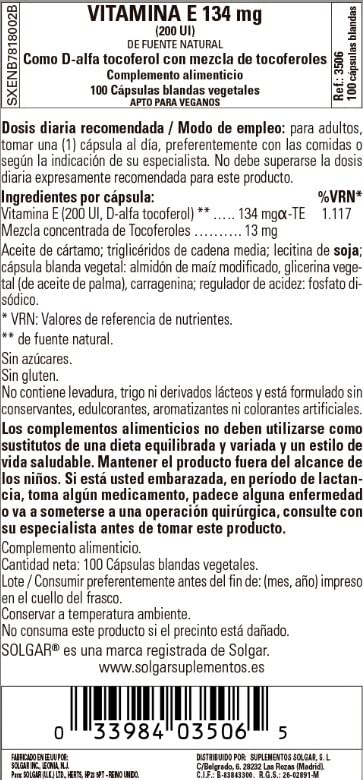 Solgar Vitamin E 200 IU, 100 Vegetarian Softgels - Natural Antioxidant, Skin & Immune System Support - Naturally-Sourced Vitamin E - Vegan, Gluten Free, Dairy Free - 100 Servings