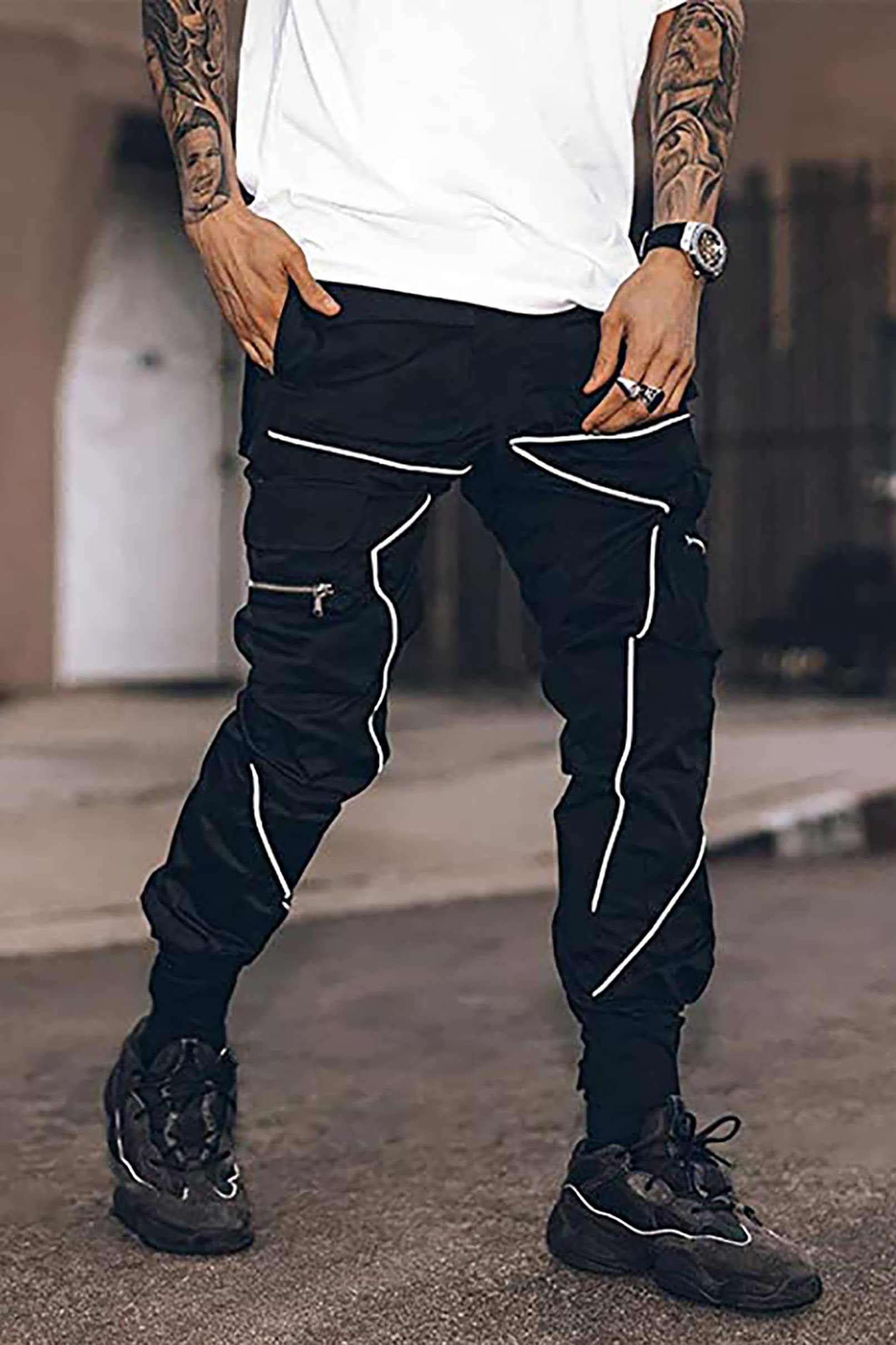 BOOMLEMON Men's Cargo Jogger Pants Reflective Technical Hip Hop Harem Pants Punk Streetwear Tactical Track Pants(Black L)