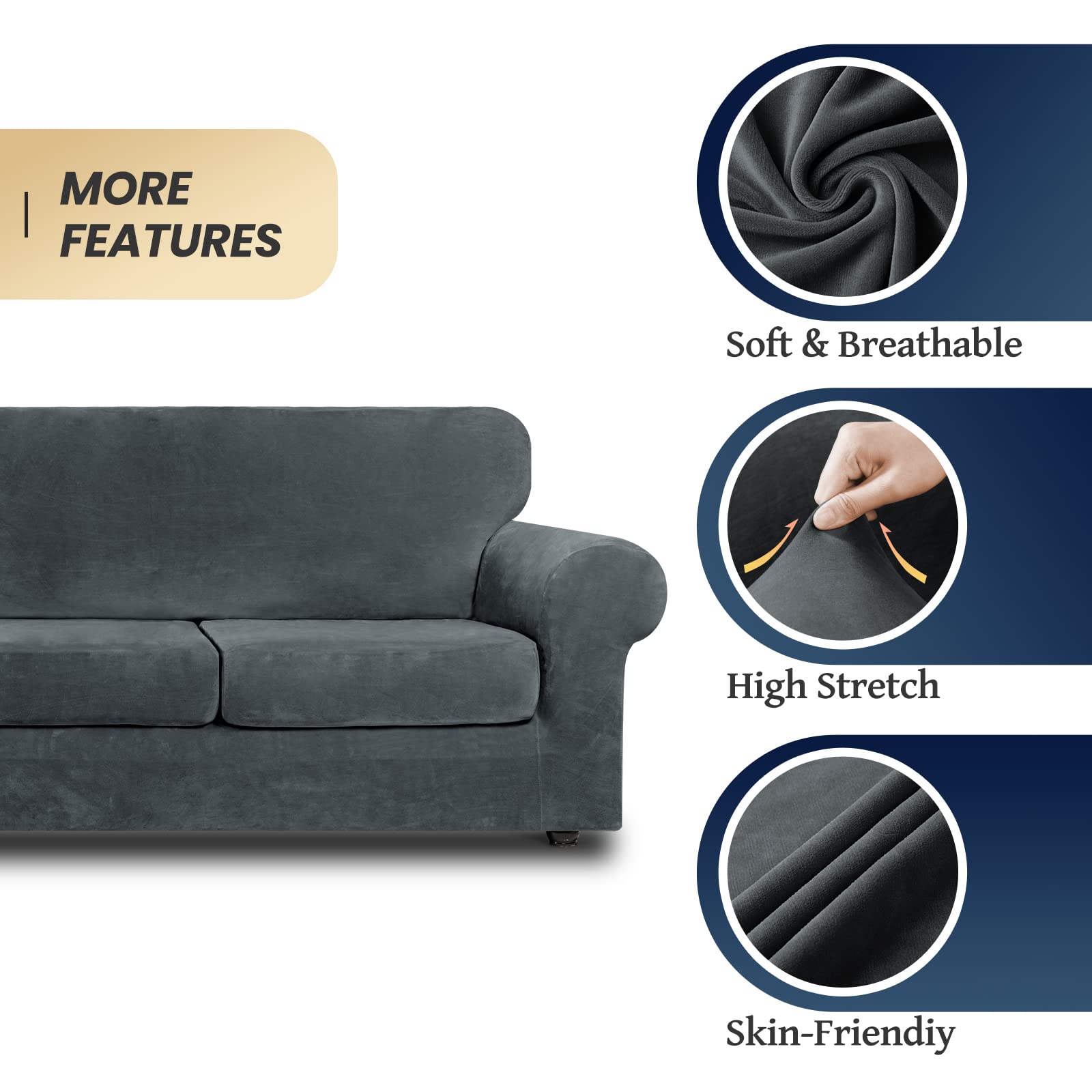 Asnomy Sofas Covers for 2 Cushion Couch Loveseat Cover Velvet Stretch Slipcovers for Dogs Cats,2 Seat Cushion Furniture Protector Machine Washable(Medium,Dark Grey)