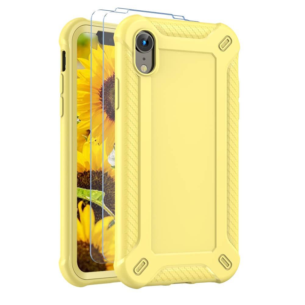 COOLQO Compatible for iPhone XR Case,[2 x Tempered Glass Screen Protector] [Non-Slip] [10 FT Military Grade Drop Protection] 360 Full Body Silicone Shockproof Protective Phone Cover, 6.1 inch, Yellow