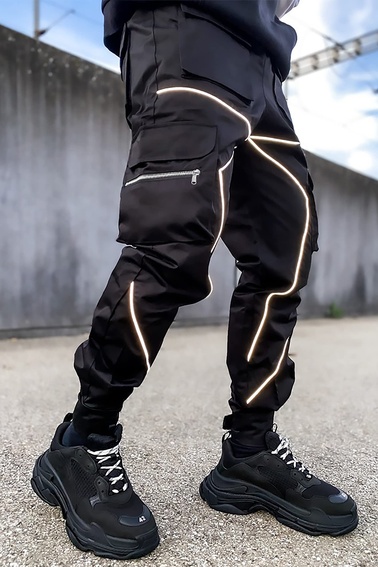 BOOMLEMON Men's Cargo Jogger Pants Reflective Technical Hip Hop Harem Pants Punk Streetwear Tactical Track Pants(Black L)
