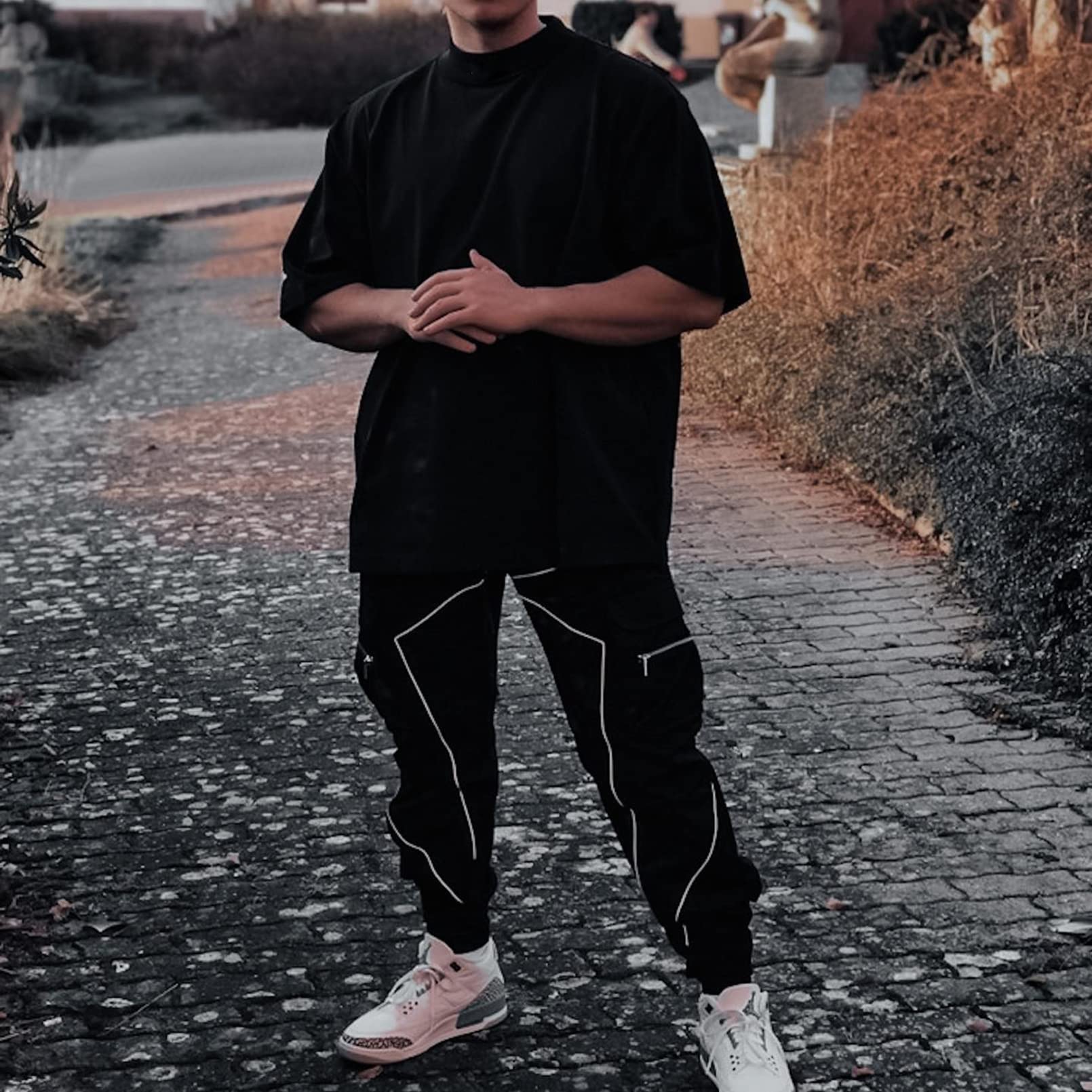 BOOMLEMON Men's Cargo Jogger Pants Reflective Technical Hip Hop Harem Pants Punk Streetwear Tactical Track Pants(Black L)