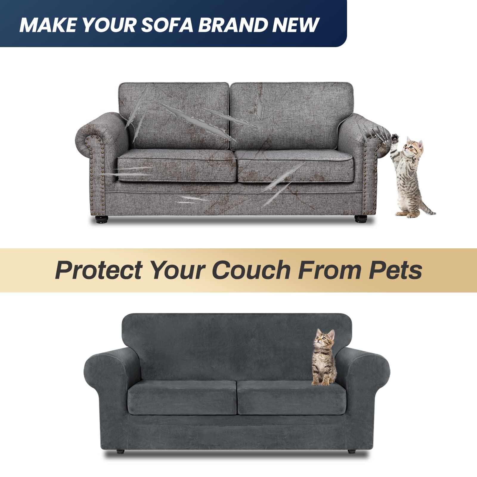 Asnomy Sofas Covers for 2 Cushion Couch Loveseat Cover Velvet Stretch Slipcovers for Dogs Cats,2 Seat Cushion Furniture Protector Machine Washable(Medium,Dark Grey)