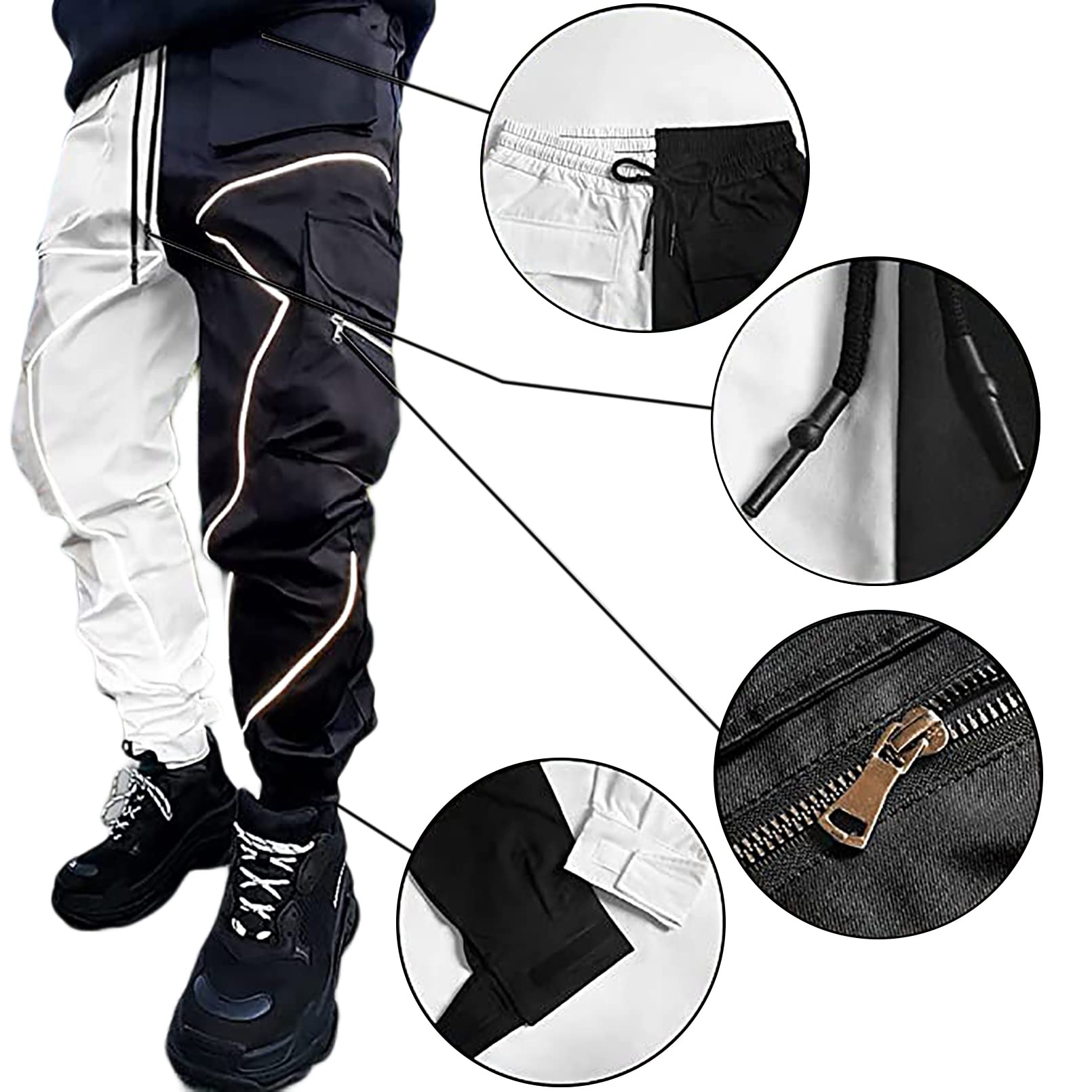 BOOMLEMON Men's Cargo Jogger Pants Reflective Technical Hip Hop Harem Pants Punk Streetwear Tactical Track Pants(Black L)