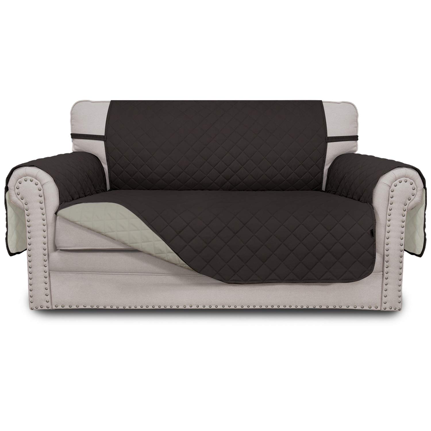 Easy-Going Reversible Loveseat Couch Cover for 2 Cushion Couch Sofa Cover for Dogs Water Resistant Furniture Protector with Foam Sticks Elastic Straps for Pet (Loveseat, Chocolate/Beige)