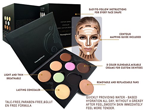 Youngfocus Cosmetics Cream Contour Best 8 Colors and Highlighting Makeup Kit - Contouring Foundation/Concealer Palette - Vegan & Cruelty Free - Step-by-Step Instructions Included