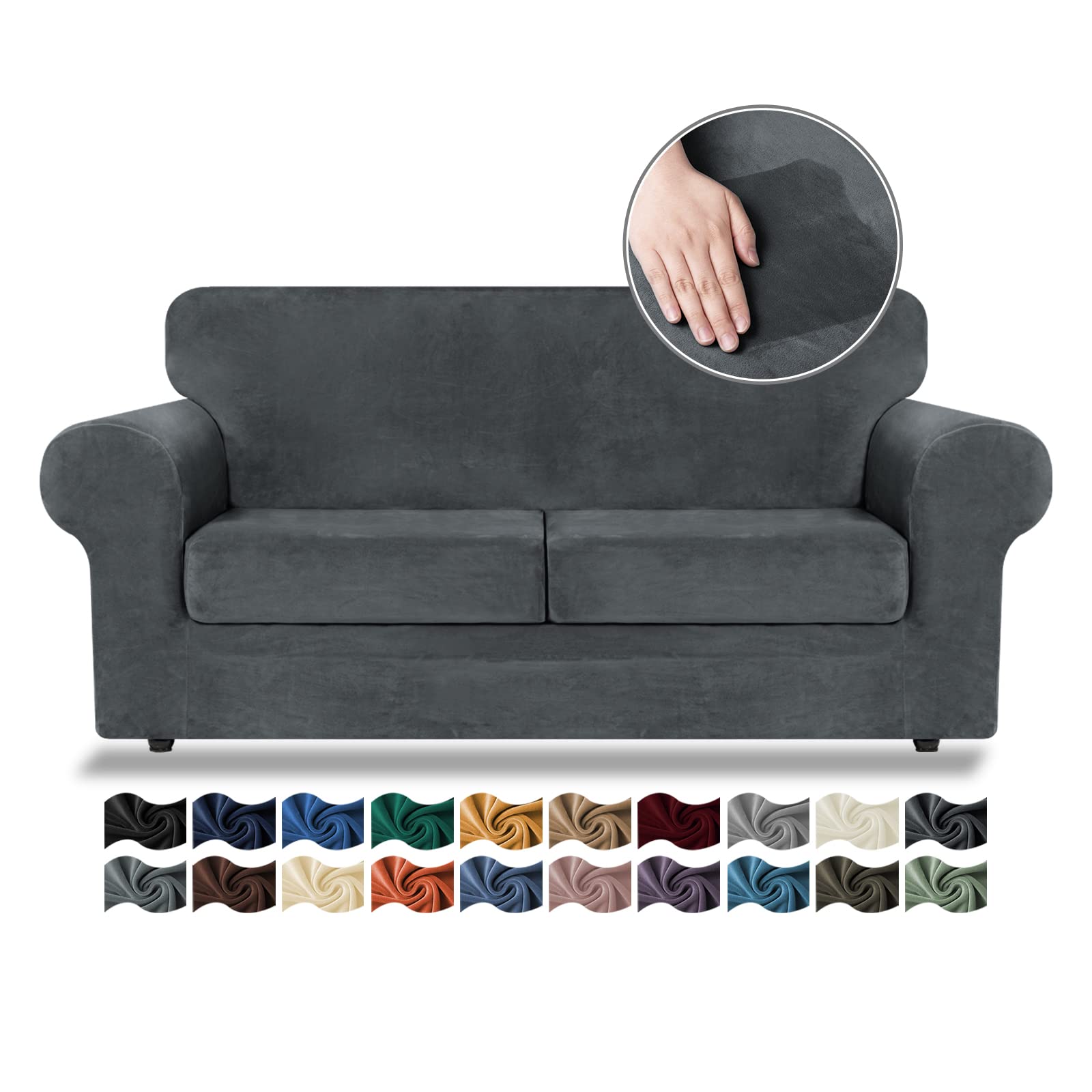 Asnomy Sofas Covers for 2 Cushion Couch Loveseat Cover Velvet Stretch Slipcovers for Dogs Cats,2 Seat Cushion Furniture Protector Machine WashableοΌMediumοΌDark GreyοΌ