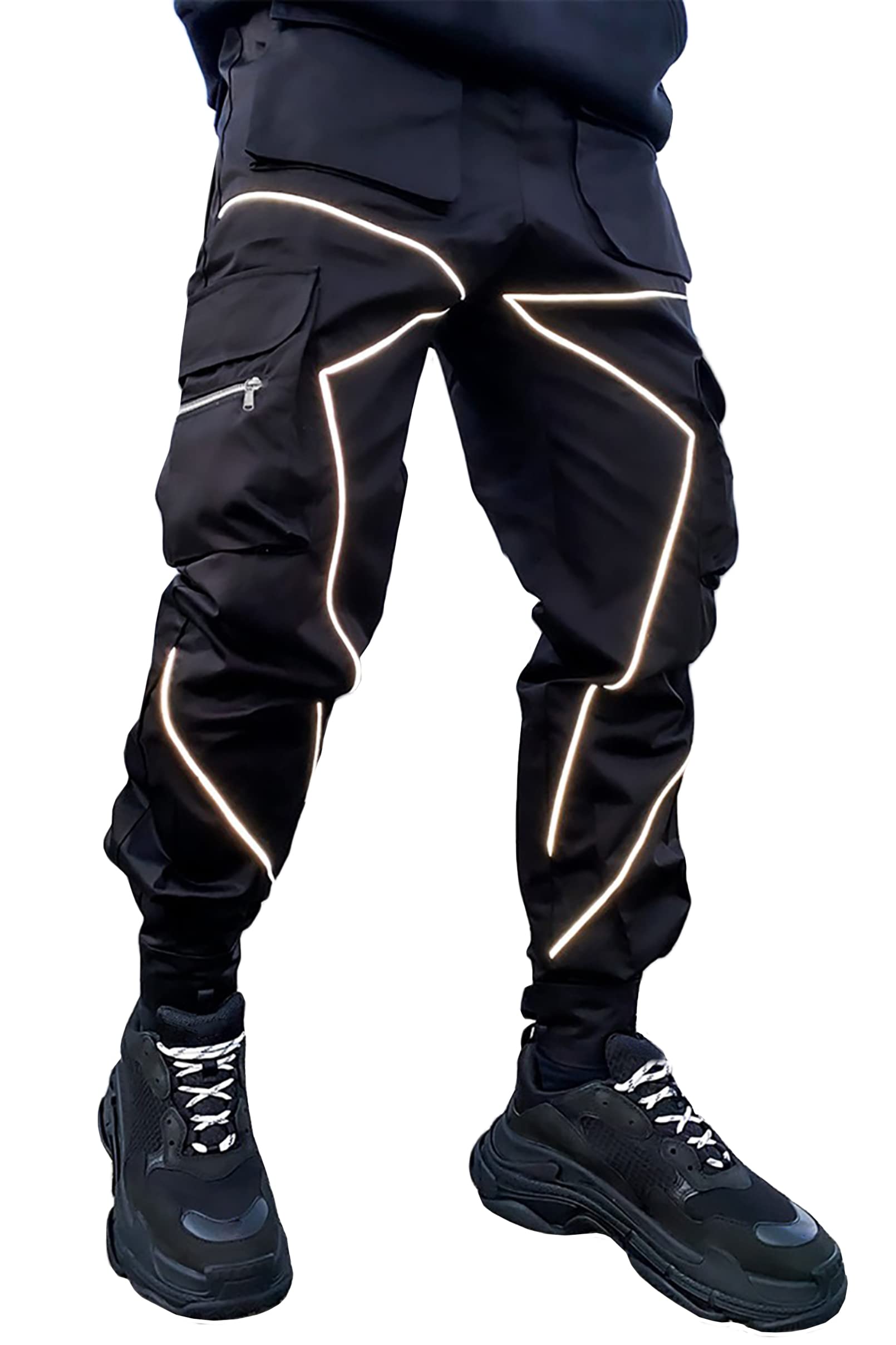 BOOMLEMON Men's Cargo Jogger Pants Reflective Technical Hip Hop Harem Pants Punk Streetwear Tactical Track Pants(Black L)