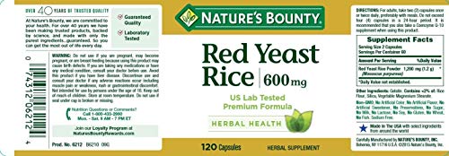 Nature's Bounty Red Yeast Rice Pills and Herbal Health Supplement, Dietary Additive, 600mg, 120 Capsules (Pack of 2)