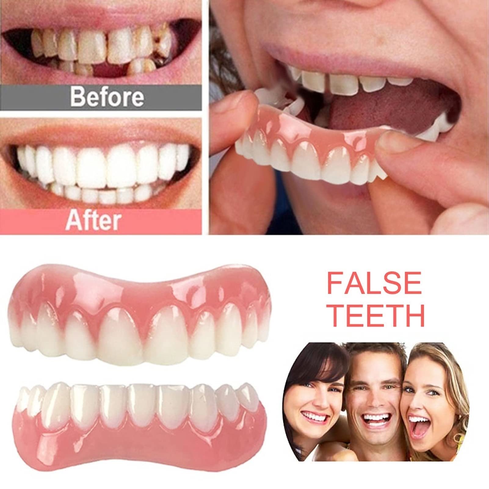 XuRX Veneers Teeth Natural Tone Temporary Dentures Teeth Top and Bottom Instant Teeth Men and Women Veneers Snap on Comfort Smile Silica Gel Dentures for Bad Teeth, 5 Pairs