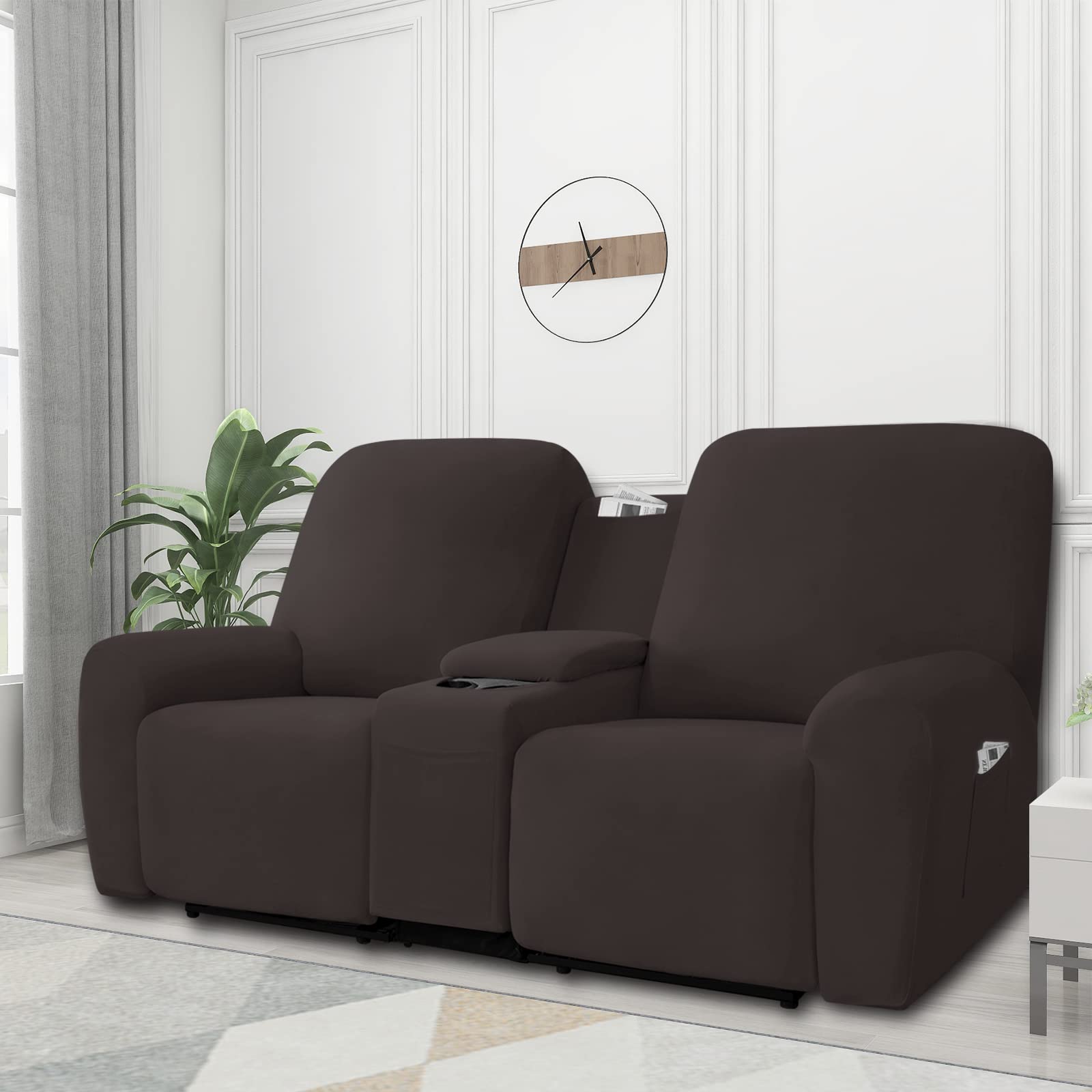 Easy-Going Stretch Recliner Loveseat Cover with Center Console Sofa Slipcover Soft Fitted Fleece 2 Seats Couch with Holder and Storage Washable Furniture Protector Chocolate