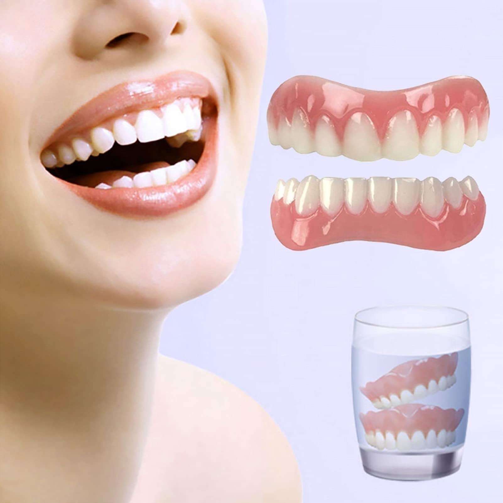 XuRX Veneers Teeth Natural Tone Temporary Dentures Teeth Top and Bottom Instant Teeth Men and Women Veneers Snap on Comfort Smile Silica Gel Dentures for Bad Teeth, 5 Pairs