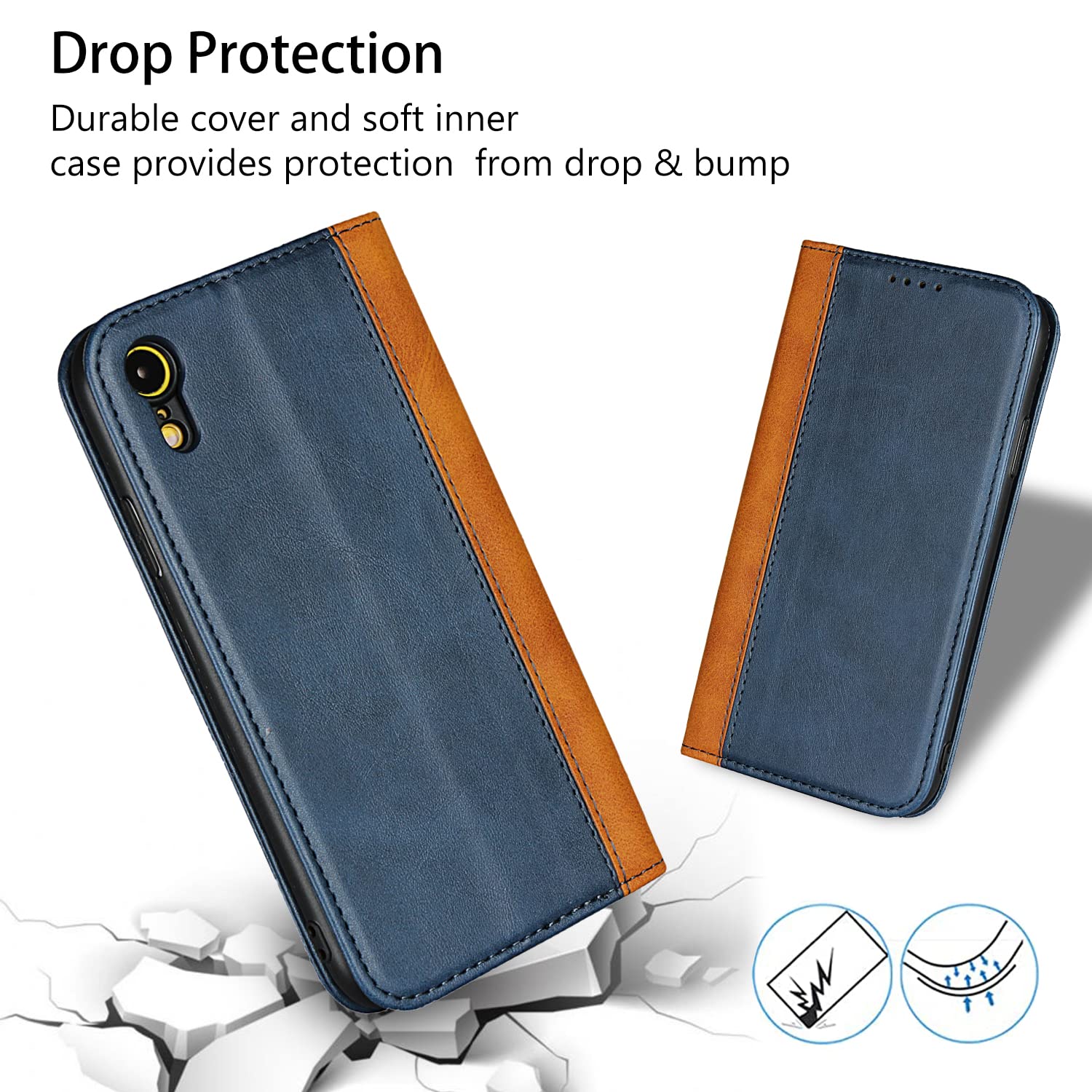 Havaya for iPhone XR Case Wallet iPhone XR Wallet case for Men with Card Holder Flip Folio Leather Cover with Credit Card Slots-Blue and Yellow