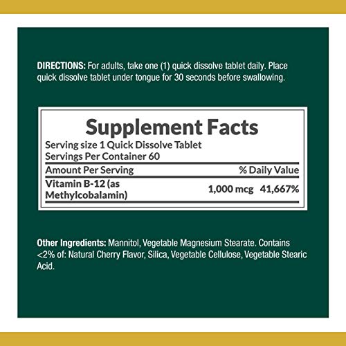 Vitamin B12 by Nature's Bounty, Quick Dissolve Vitamin Supplement, Supports Energy Metabolism and Nervous System Health, 1000mcg, 60 Tablets