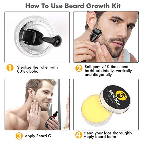 Beard Growth Kit - Derma Roller for Beard Growth, Beard Growth Serum Oil (2oz), Beard Balm and Comb, Stimulate Beard and Hair Growth - Gifts for Men Dad Him Boyfriend Husband Brother